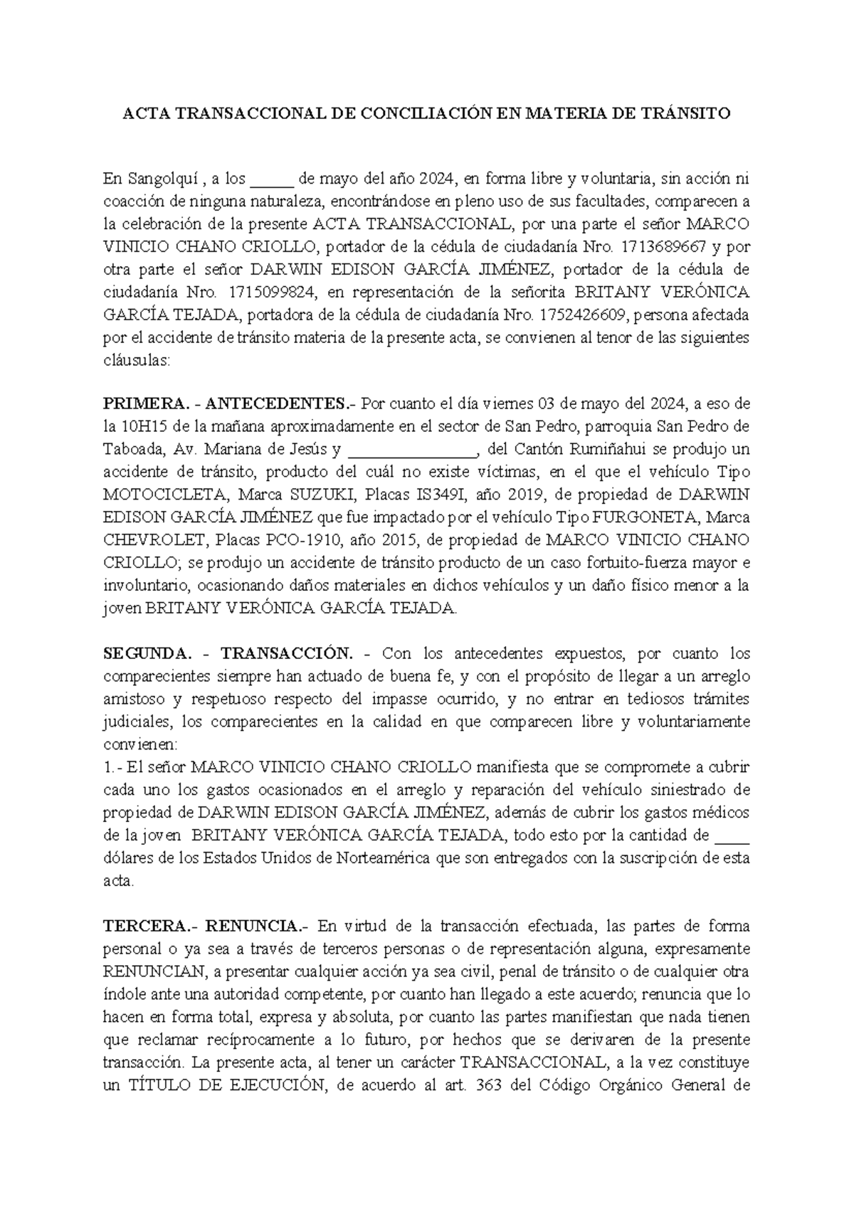 ACTA Transaccional DE Conciliación EN Materia DE Tránsito - marco chano ...