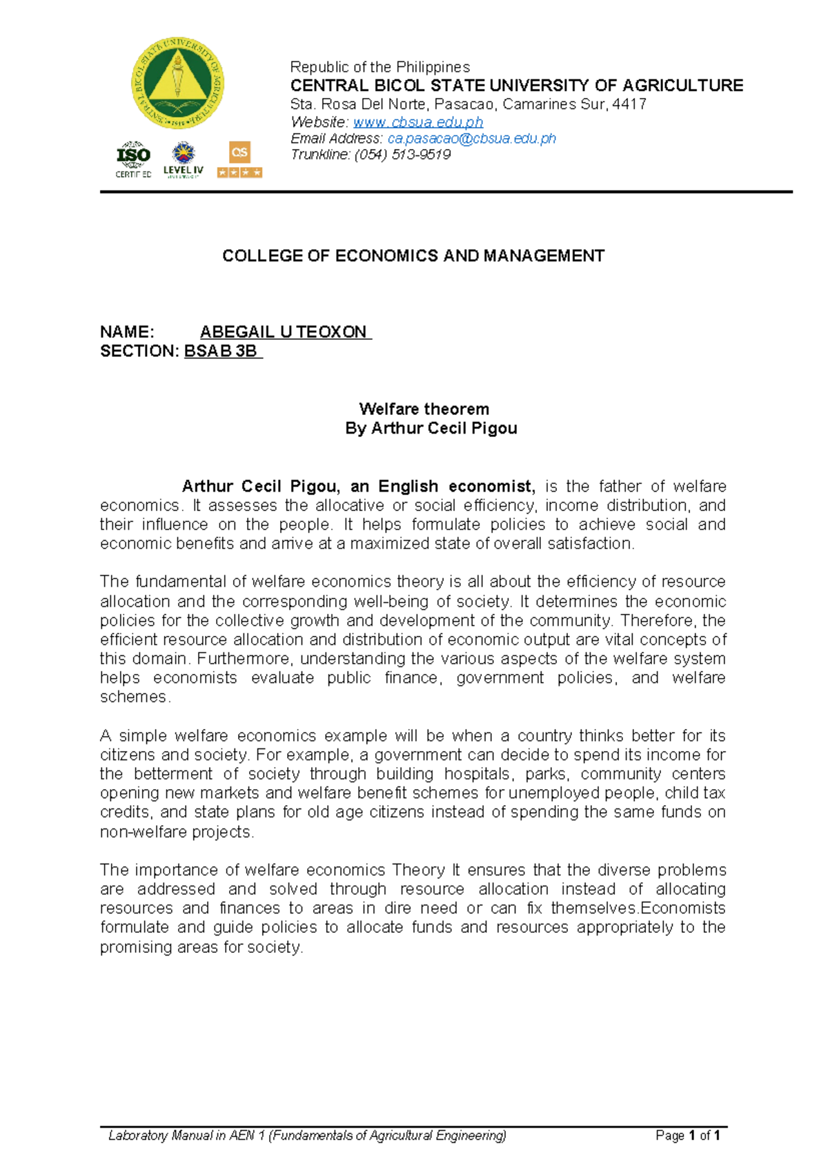 Welfare Theorem - NONE - Republic of the Philippines CENTRAL BICOL STATE UNIVERSITY OF ...