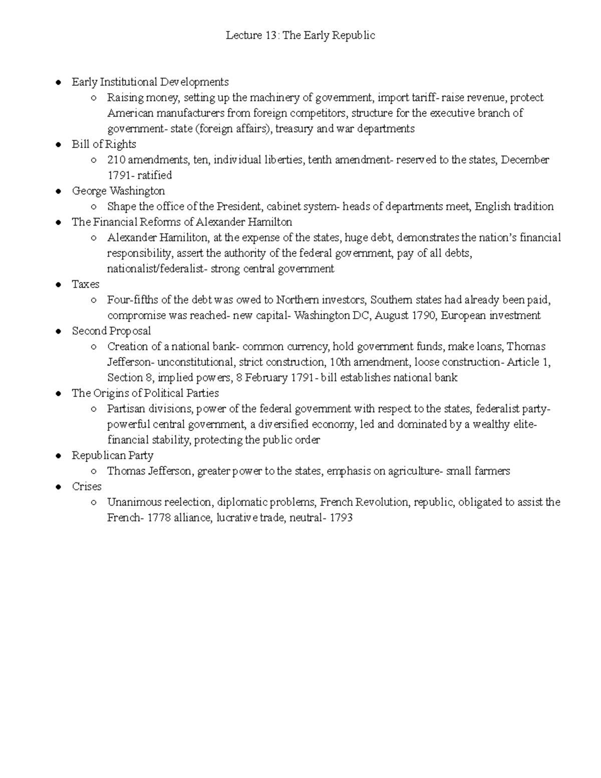 History 201 Doughty Lecture 13 Notes - Lecture 13: The Early Republic ...