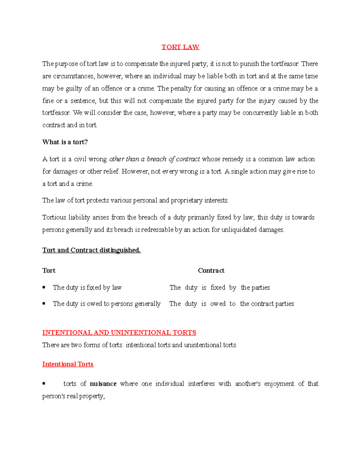 Lecture 7-TORT LAW - law of buss ness - TORT LAW The purpose of tort ...