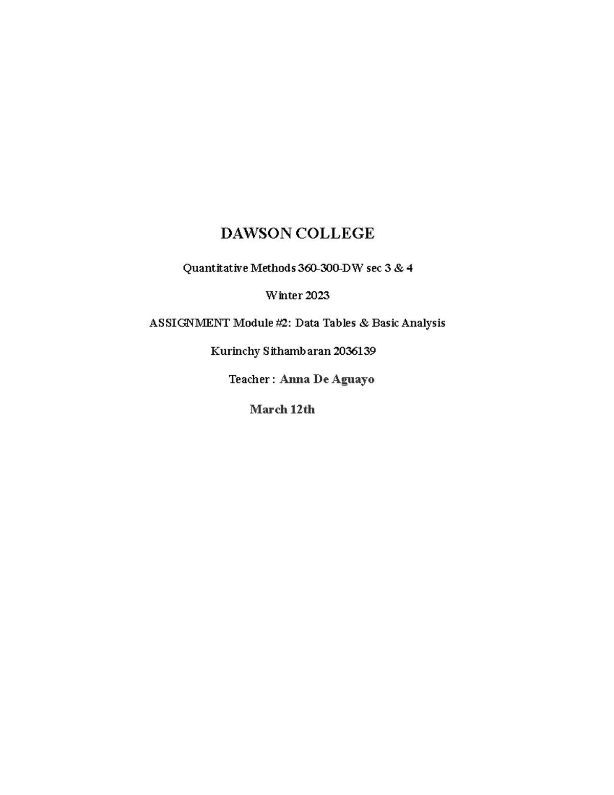 12% QM assignment - DAWSON COLLEGE Quantitative Methods 360-300-DW sec ...