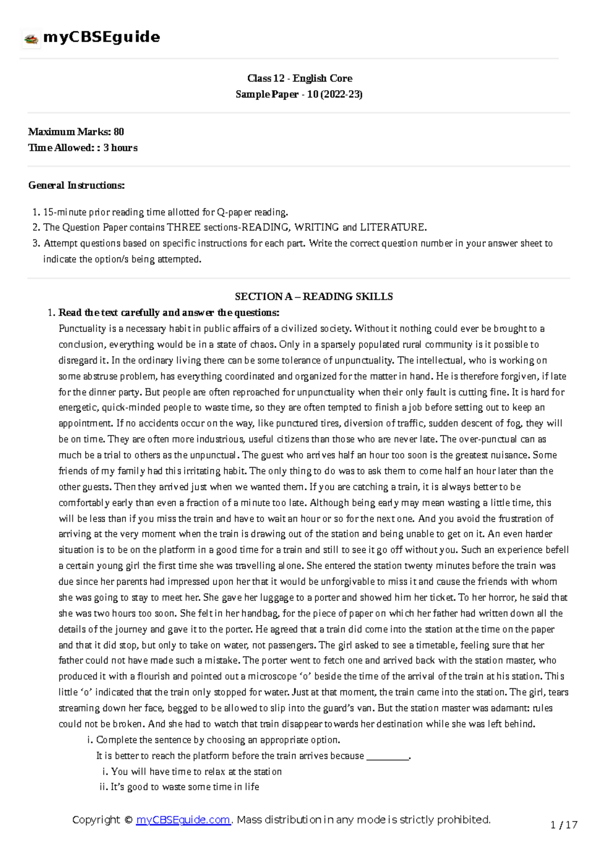 12 english core sp10 - Notes - Class 12 - English Core Sample Paper ...