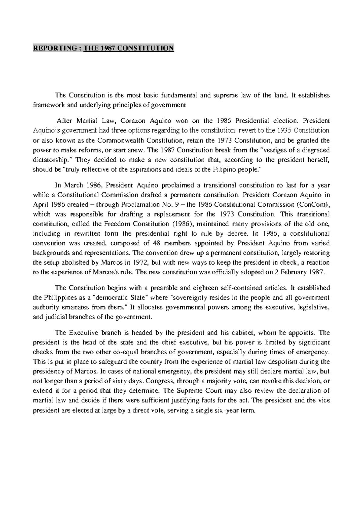 GE2 Final Reporting - REPORTING : THE 1987 CONSTITUTION The ...