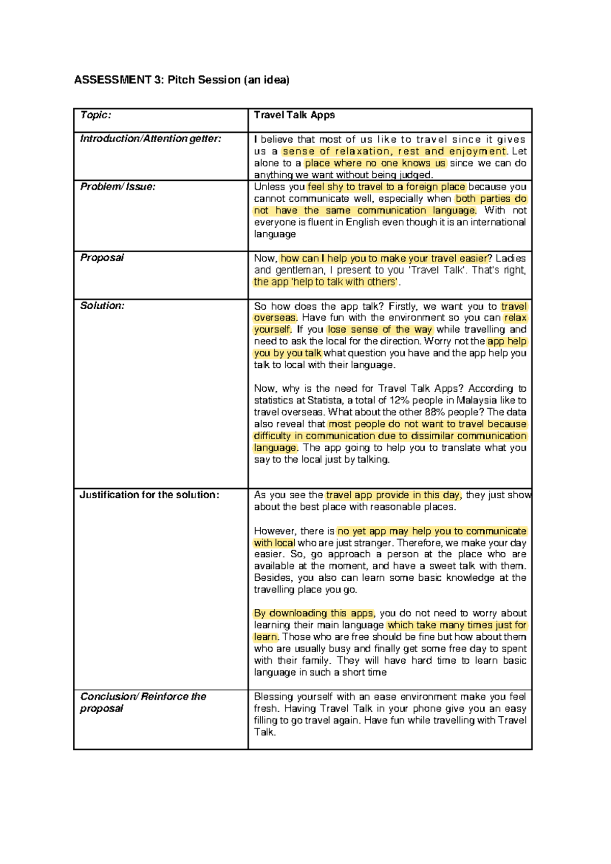 Pitching Travel TALK APP - ASSESSMENT 3: Pitch Session (an idea) Topic: Travel Talk Apps - Studocu