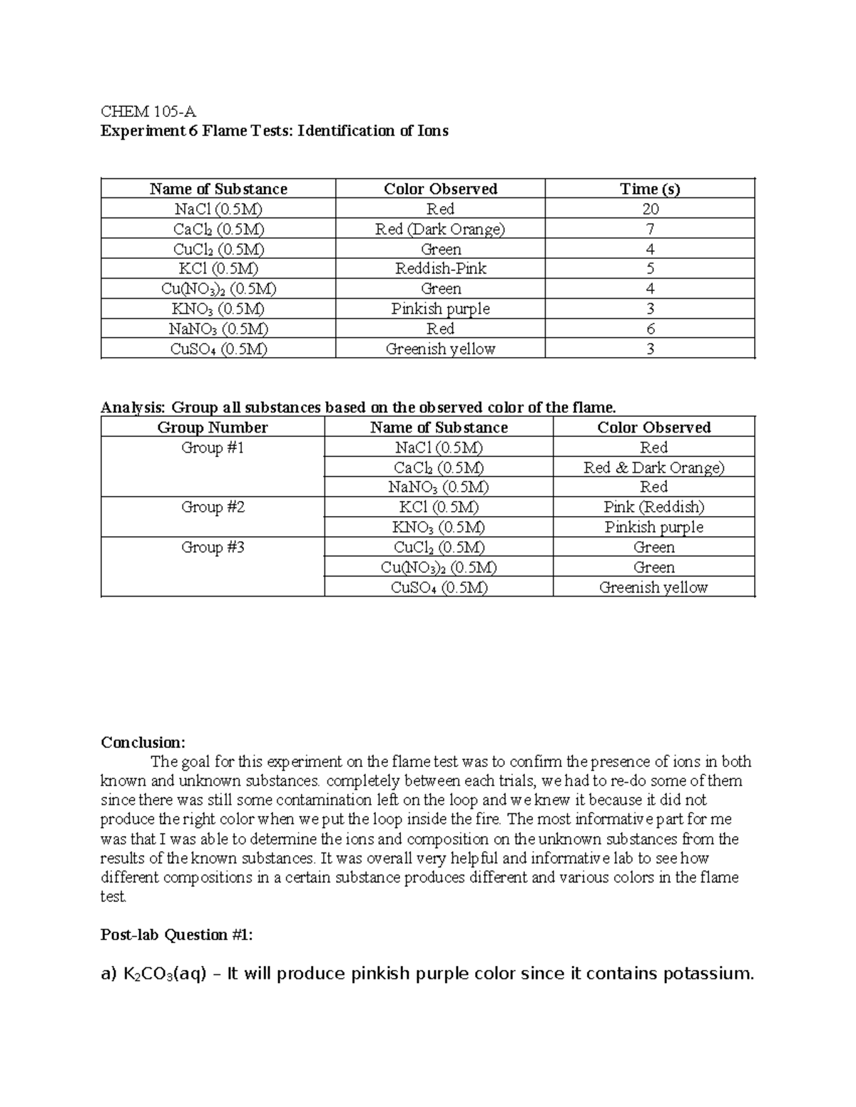 CHEM 105A - Summary Survey of Chemistry - CHEM 105-A Experiment 6 Flame ...