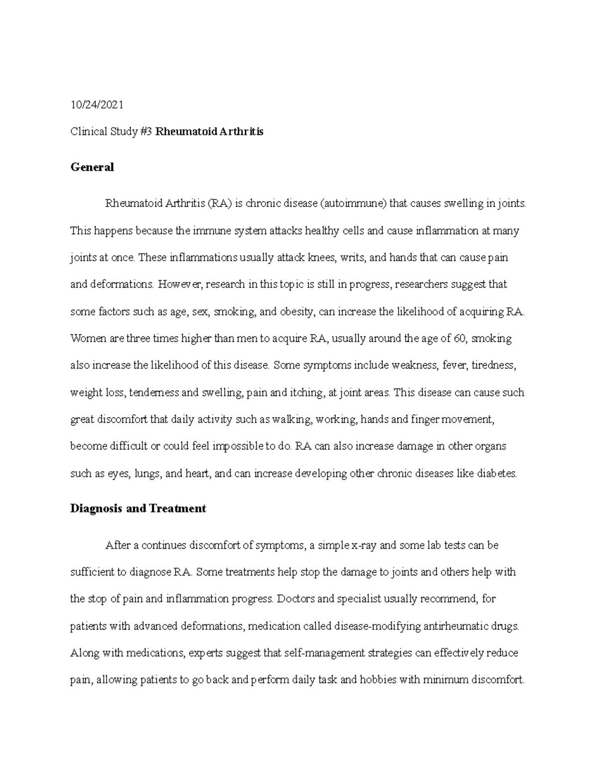 Clinical Study 3 - assignment - 10/24/ Clinical Study #3 Rheumatoid ...