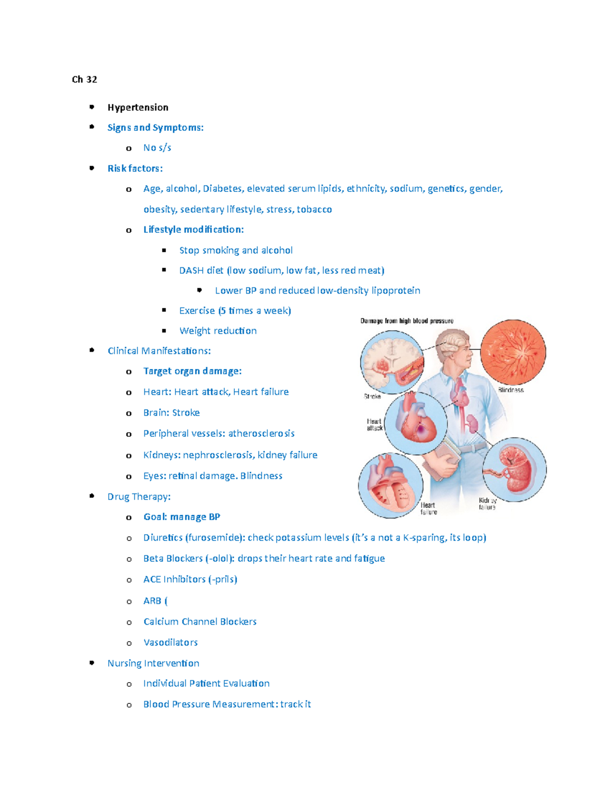 CCI Exam 2 Blueprint - Ch 32 Hypertension Signs and Symptoms: o No s/s ...