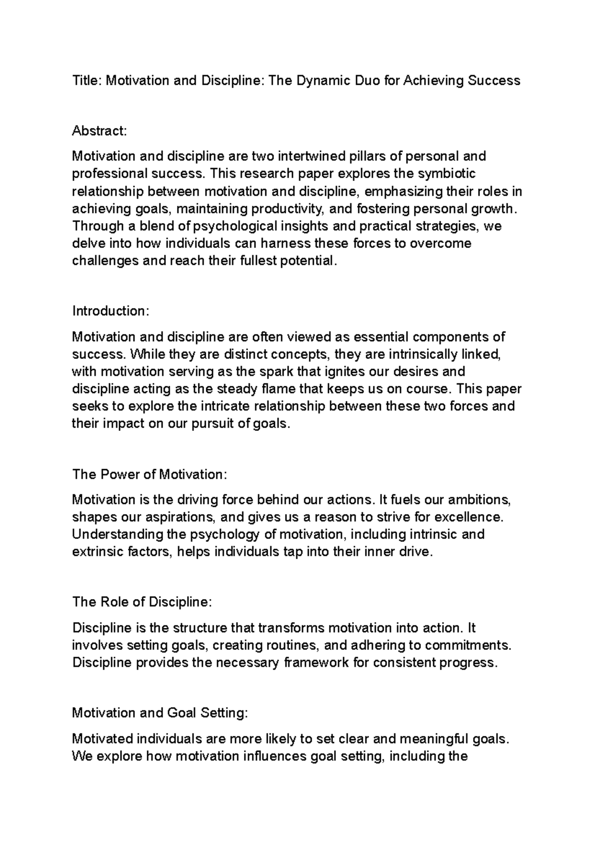 Motivation and Discipline - This research paper explores the symbiotic ...