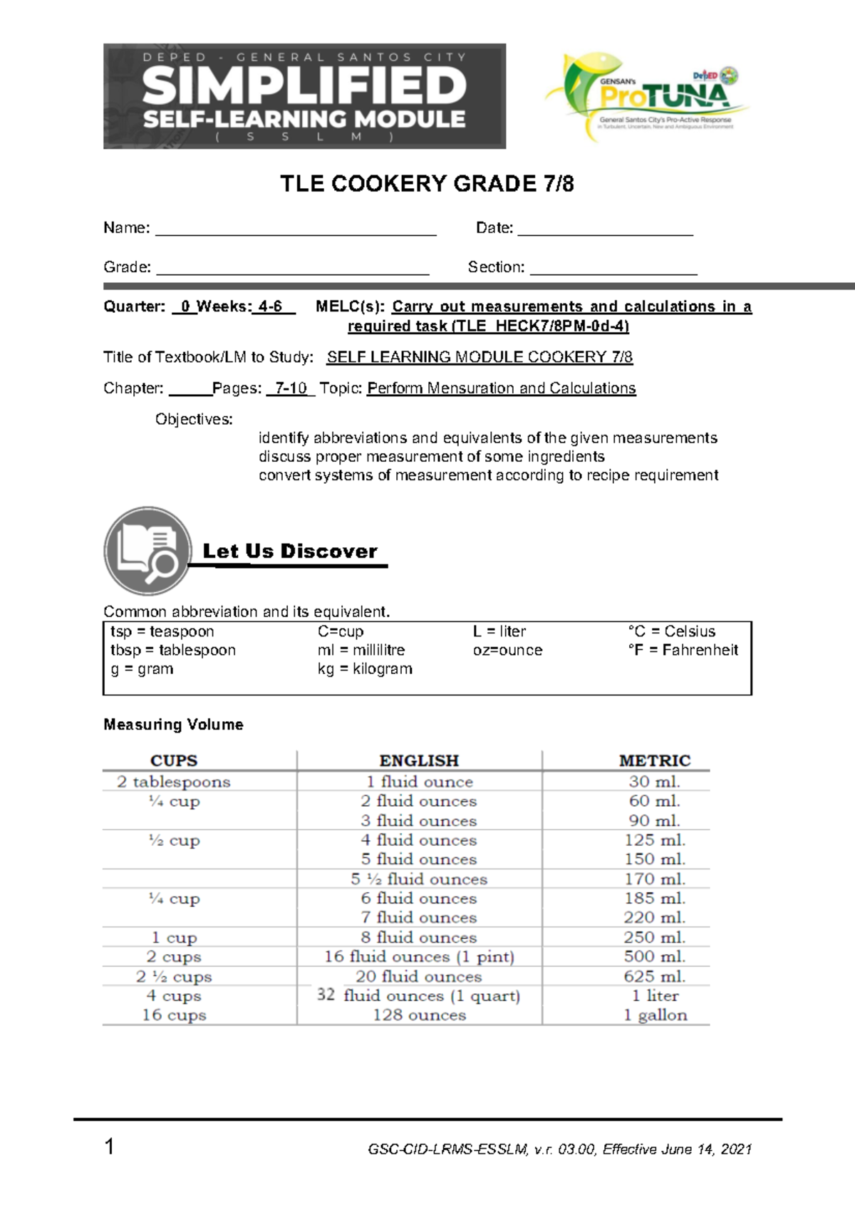 SSLM TLE Cookery 7 8 Q0 W4 6 - TLE COOKERY GRADE 7/ Name