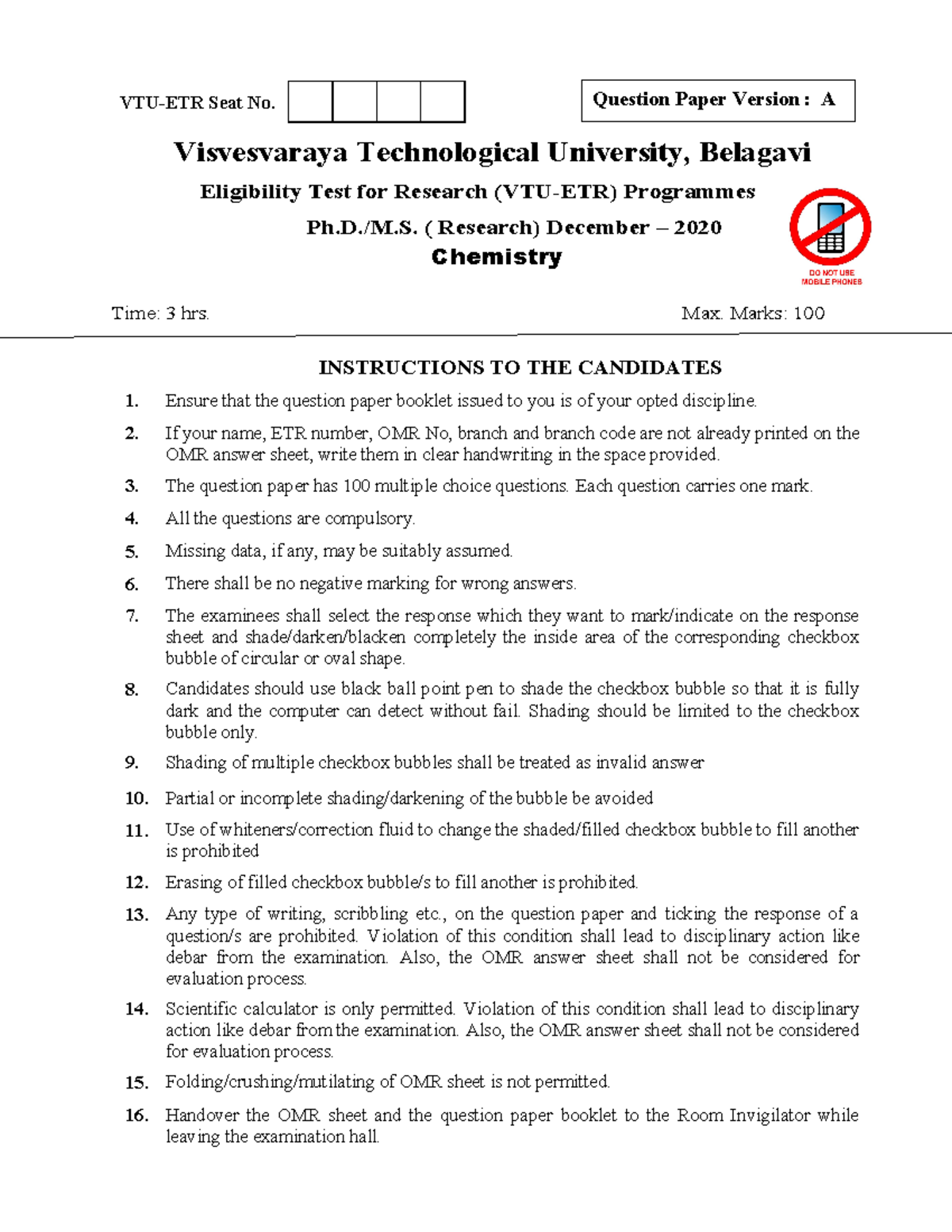 Che Version A - Set of entrance practice questions - VTU-ETR Seat No ...