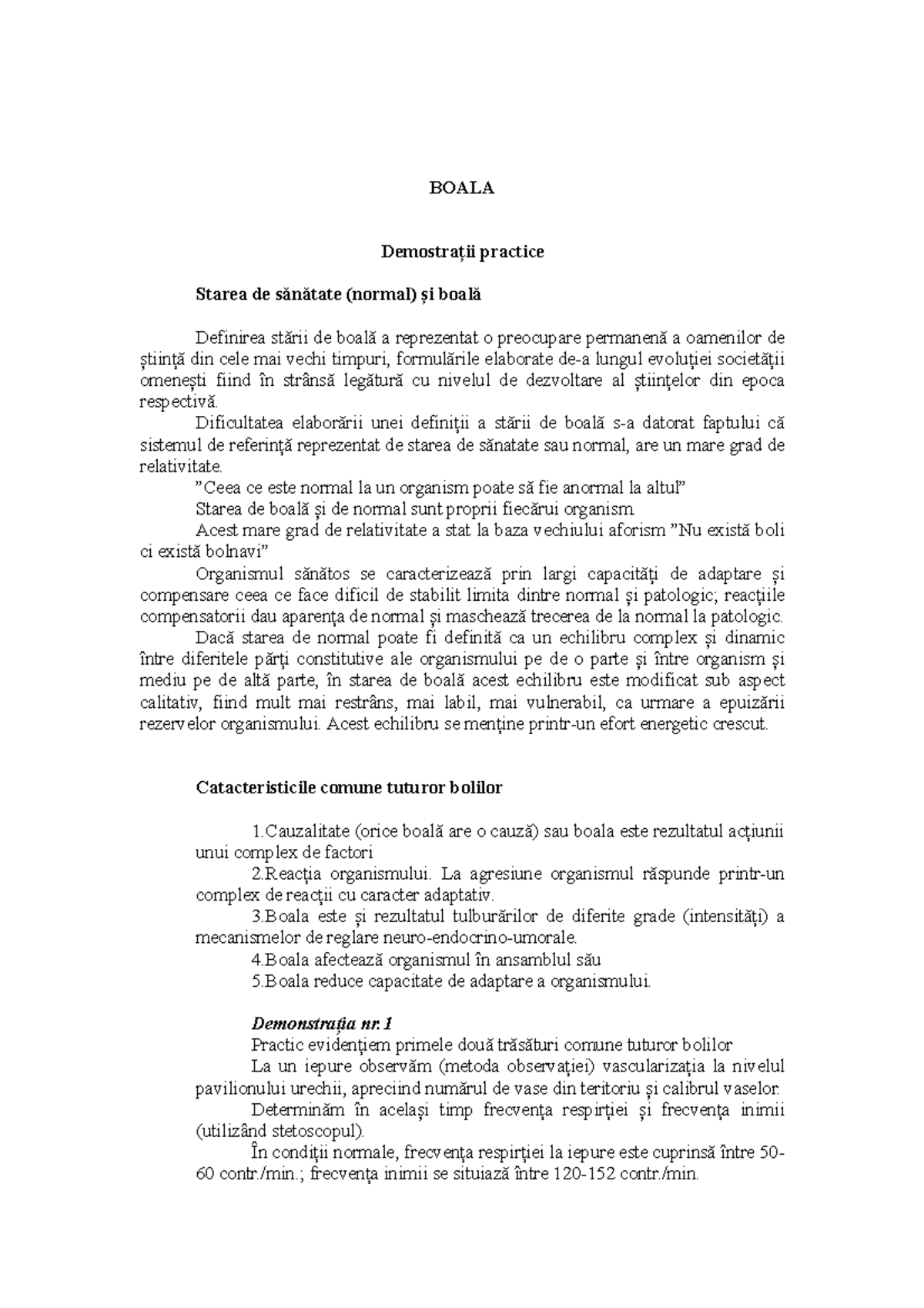Fiziopat. L.P - BOALA Demostrații practice Starea de sănătate (normal ...