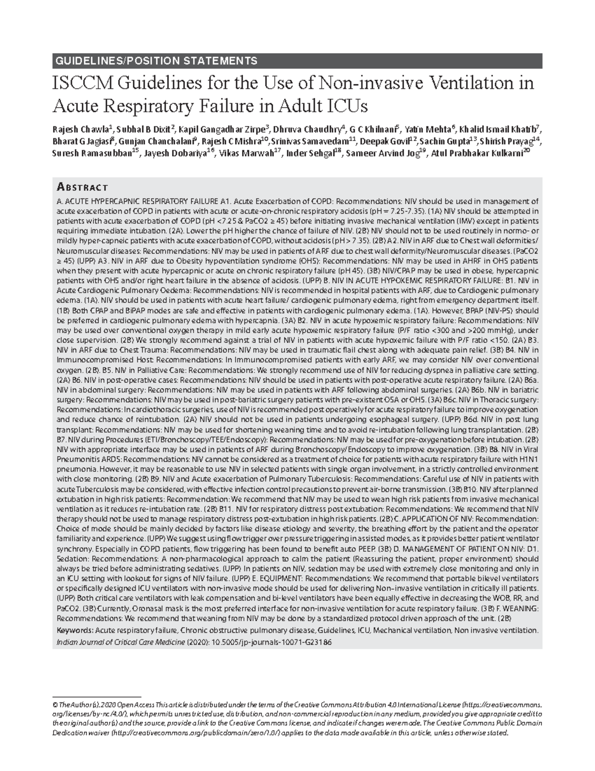 2020 Guidelines for the Use of Non-invasive Ventilation - AB S T R AC T ...