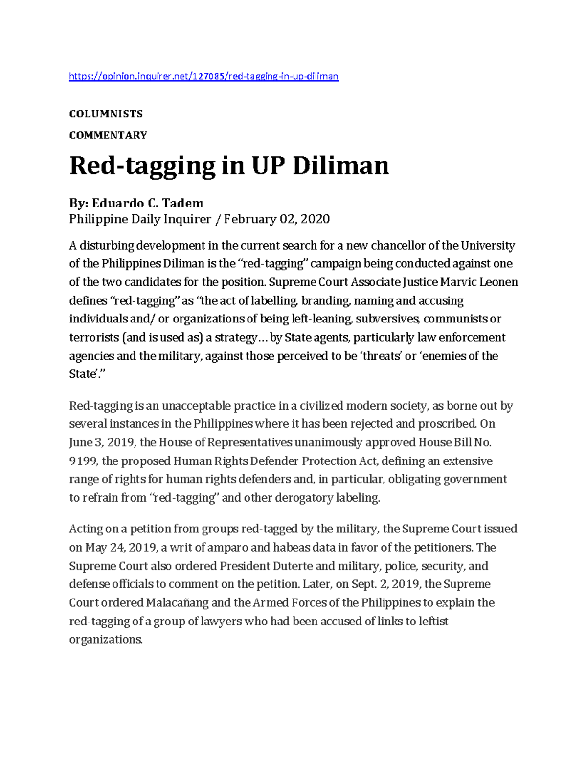 Red tagging in UP Diliman - opinion.inquirer/127085/red-tagging-in -up ...