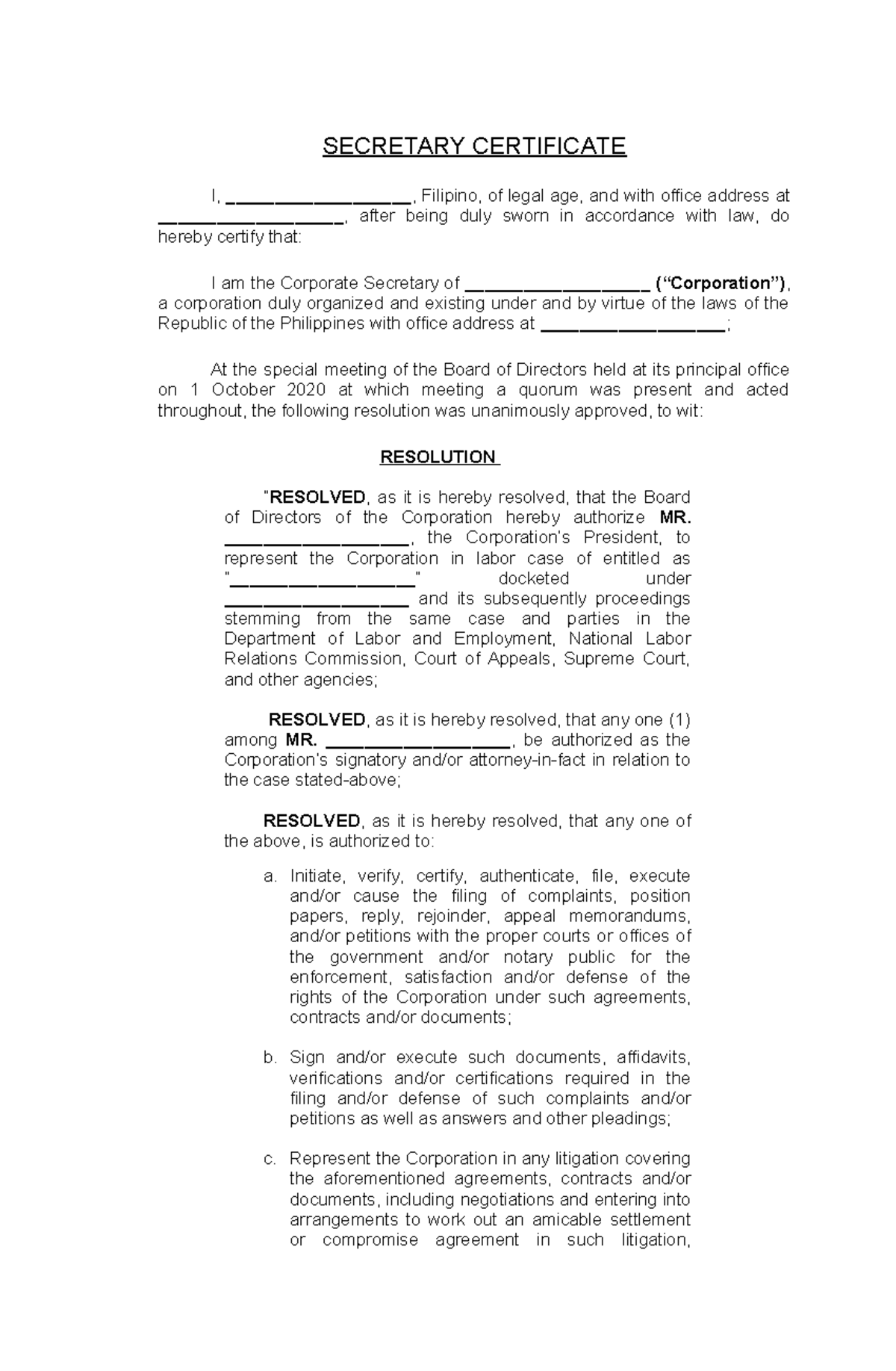 3479012298 Sample Secretary Certificate File Case and Authority ...