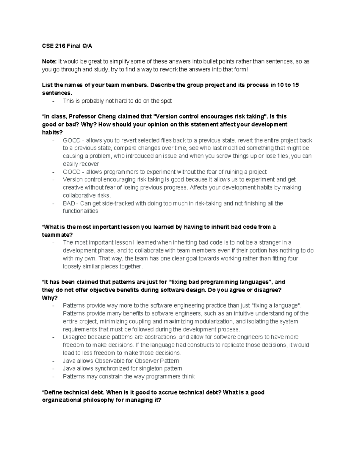 CSE 216 Final Q A - CSE 216 Final Q/A Note: It would be great to ...