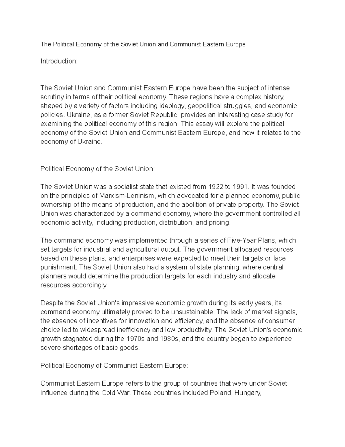 The Political Economy of the Soviet Union and Communist Eastern Europe ...