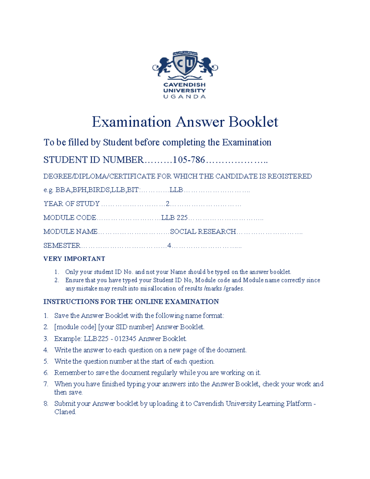 LLB 225 Social Research 105-786 Answer Booklet - Examination Answer ...