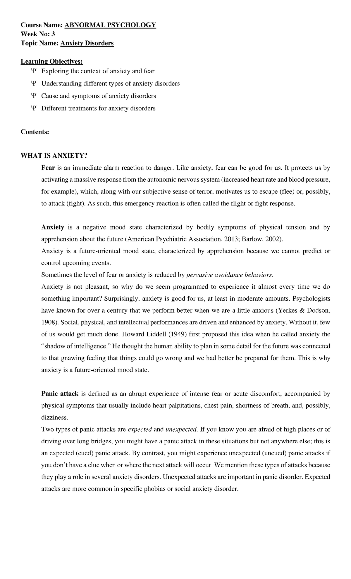 Anxiety Disorder Group 1 - Course Name: ABNORMAL PSYCHOLOGY Week No: 3 ...
