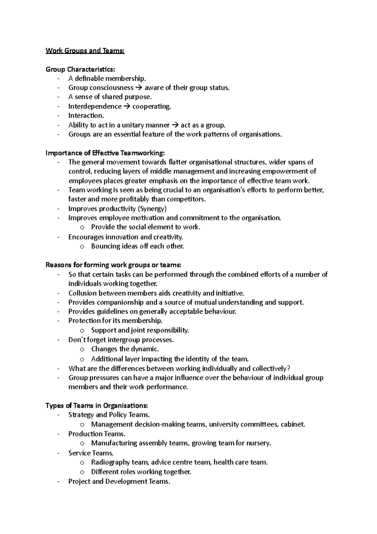Work Groups and Teams - Comprehensive lecture notes, lecture delivered ...