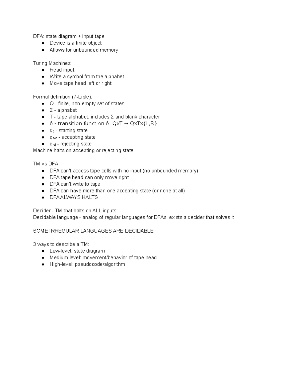 Turing Machines - In-class notes from slides and lecture - DFA: state ...