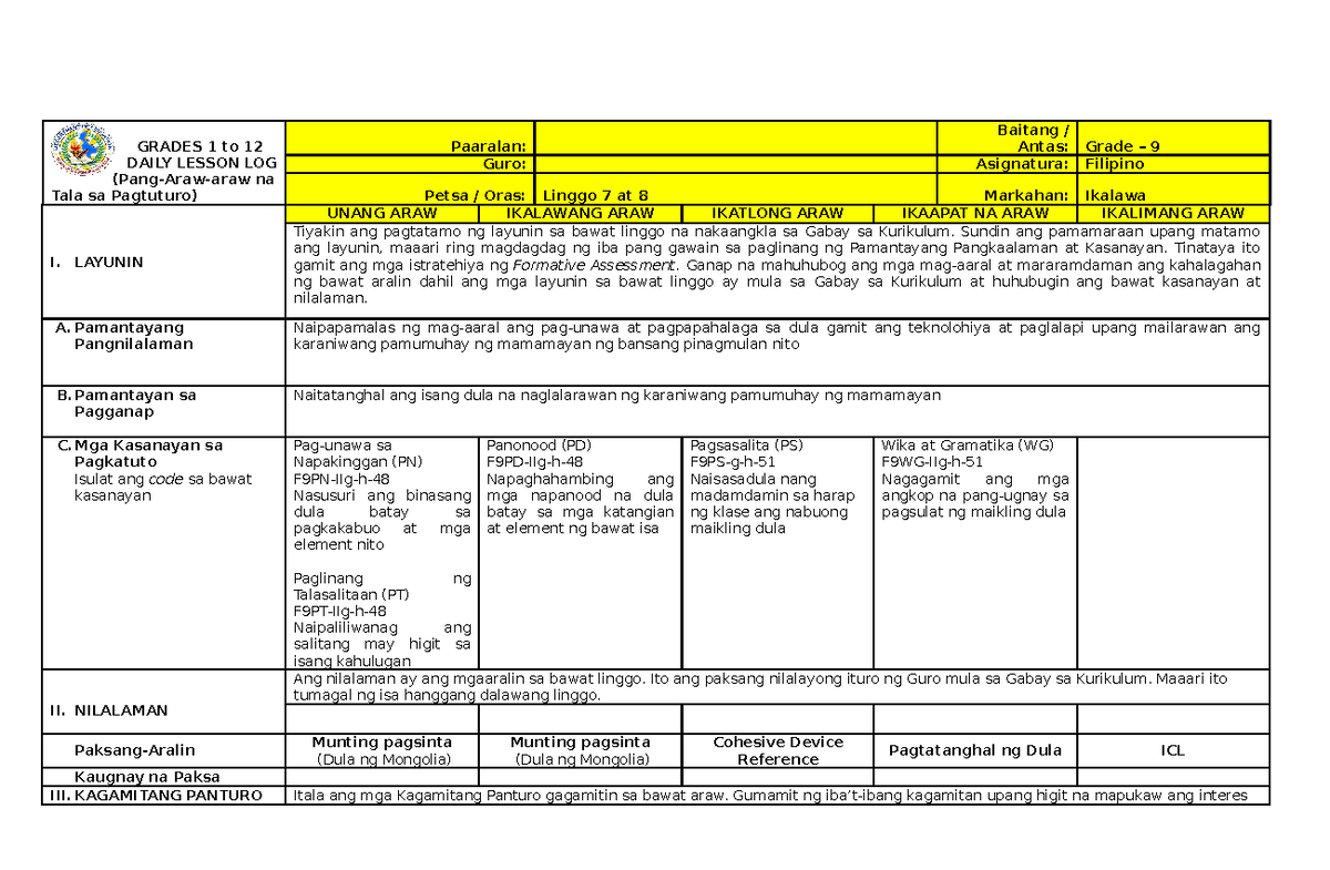 DLL Filipino 9 2ngd Grading (Topic 5) - GRADES 1 to 12 DAILY LESSON LOG ...