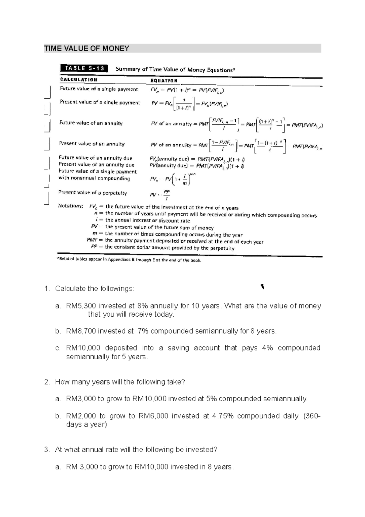 Exercise 4 TVOM - TIME VALUE OF MONEY Calculate the followings: a. RM5 ...