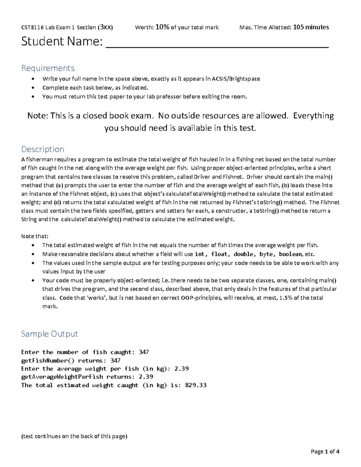 CST8116 Practice Lab Exam 1 - CST8116 Lab Exam 1 Section (3xx) Worth ...