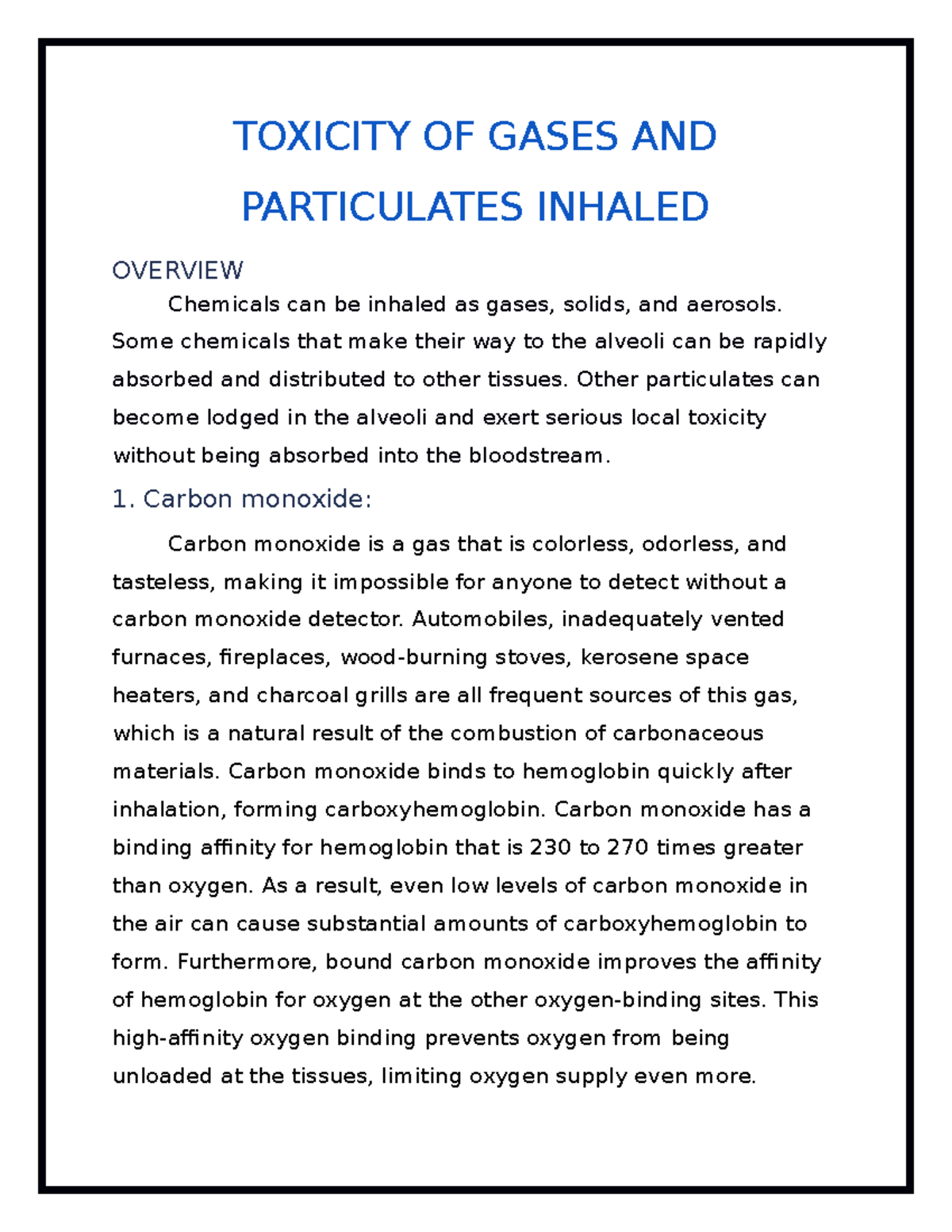 Toxicity OF Inhaled Gases AND Particulates - Pharmacology - Studocu