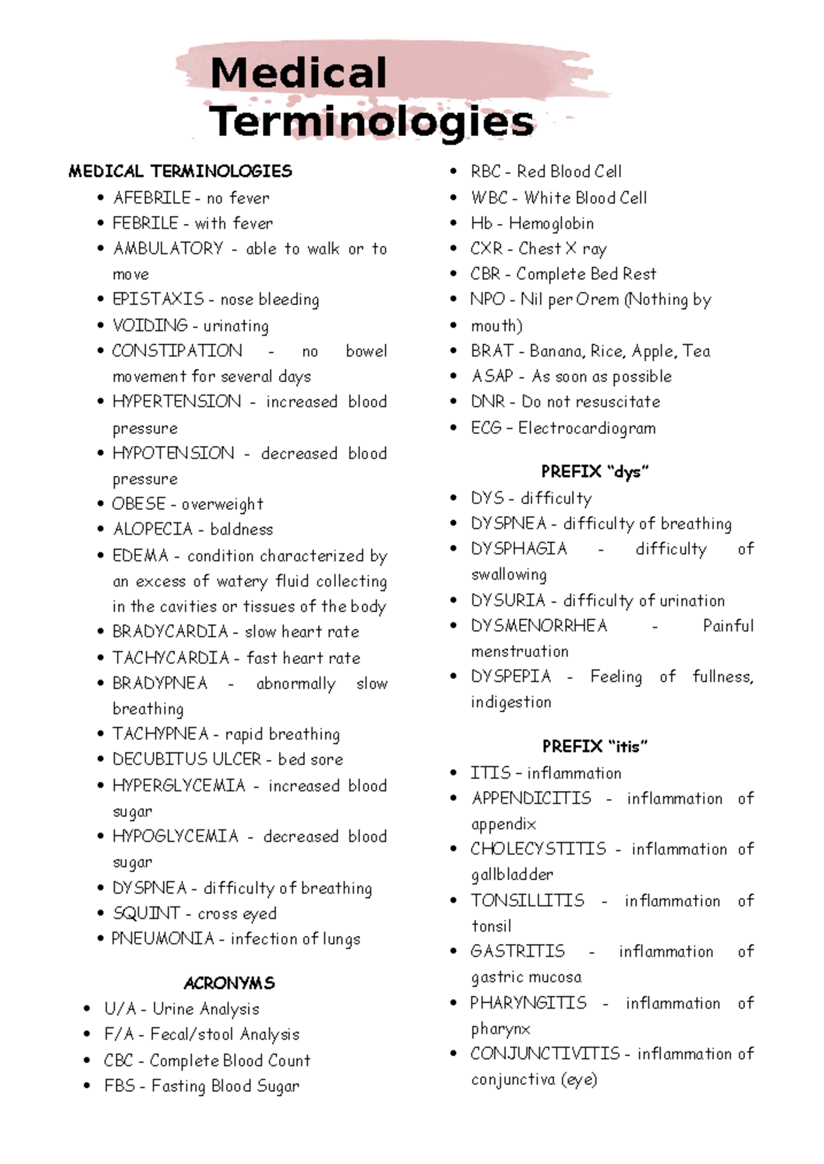 Medical terminologies - MEDICAL TERMINOLOGIES AFEBRILE - no fever ...