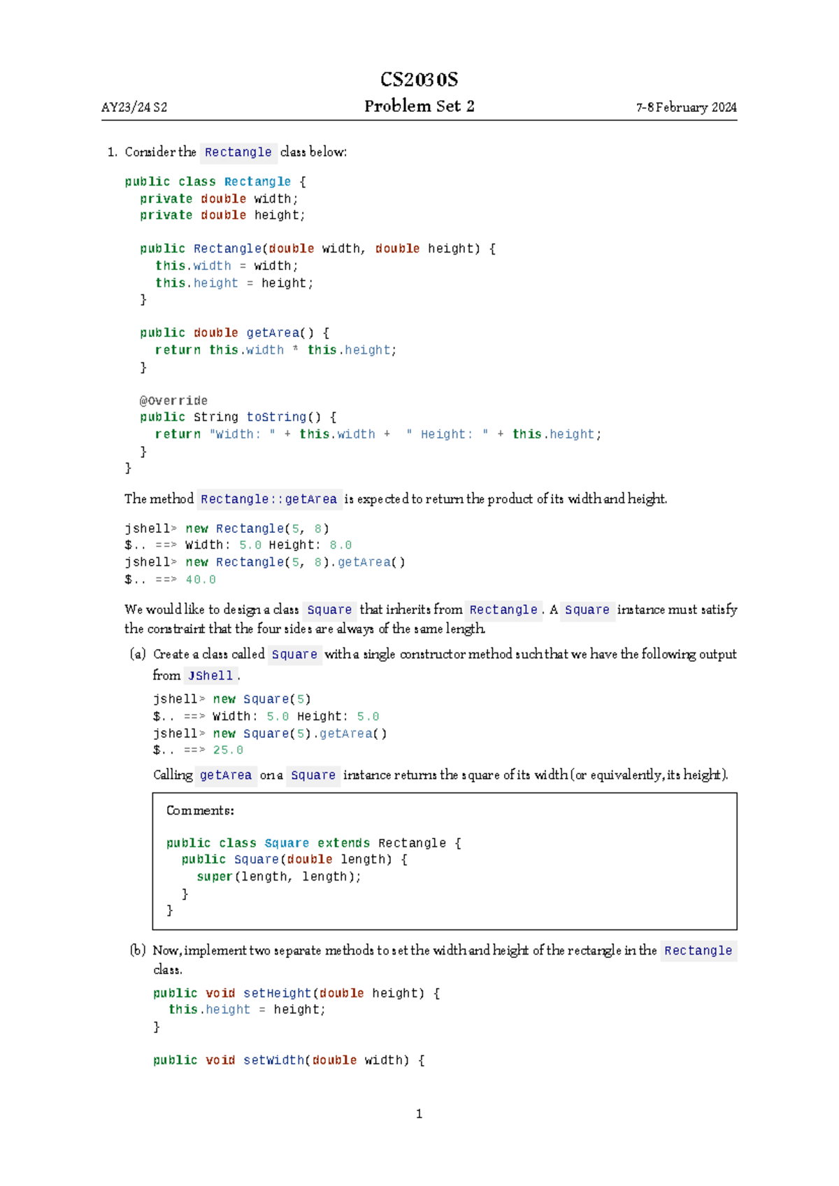 Ps2-comments - AY23/24 S CS2030S Problem Set 2 7-8 February 2024 1. Consider the Rectangle class ...