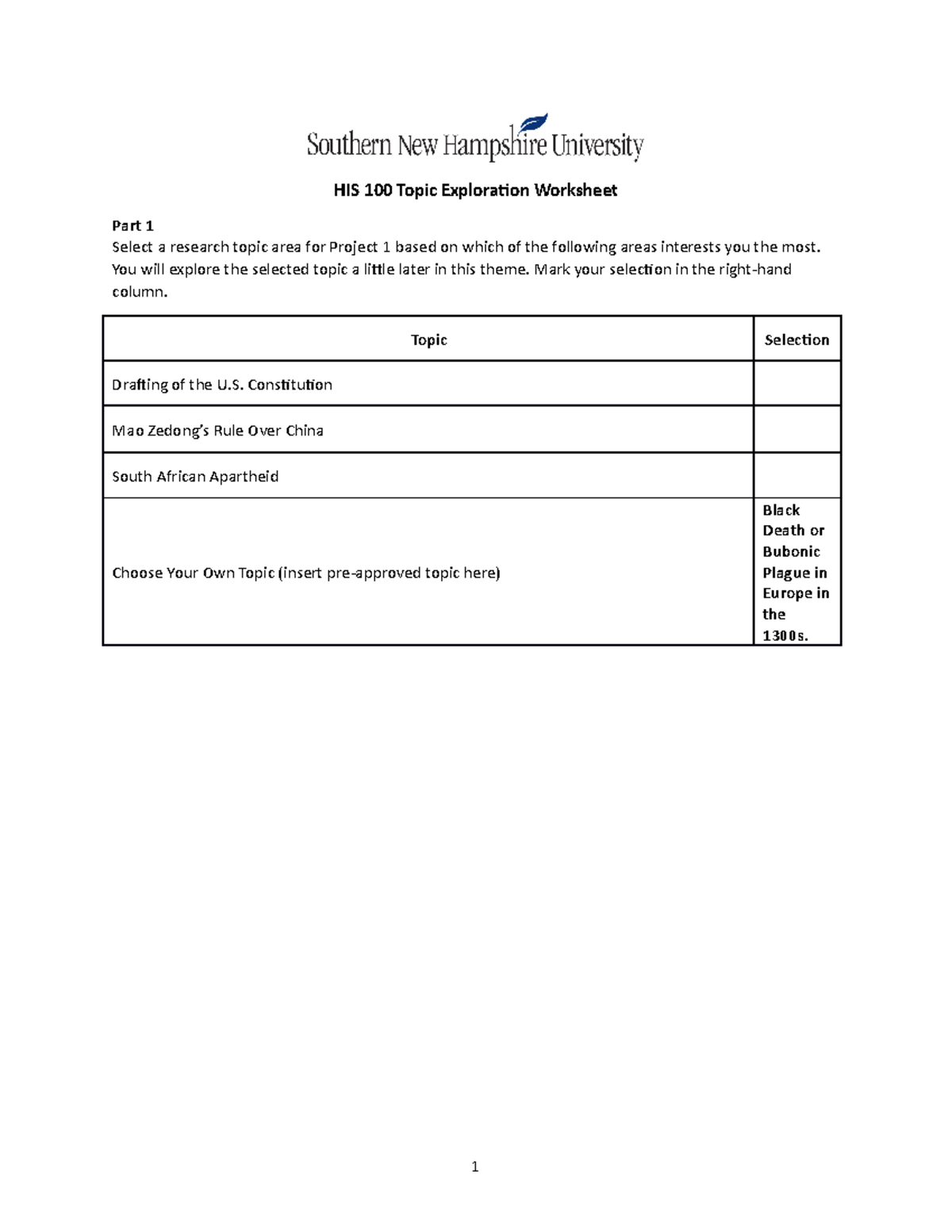HIS 100 Topic Exploration Worksheet - HIS 100 Topic Exploration ...