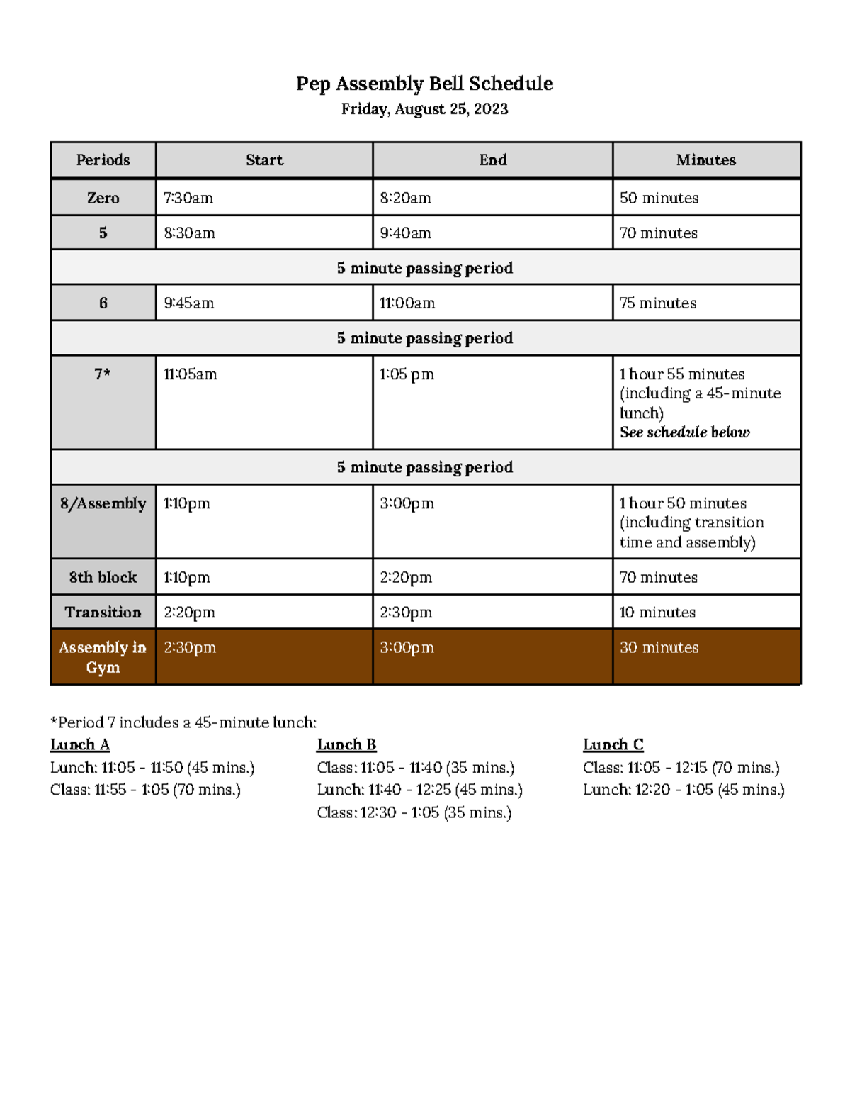 Pep Assembly Schedule August 25, 2023 - Pep Assembly Bell Schedule Friday, August 25, 2023 ...