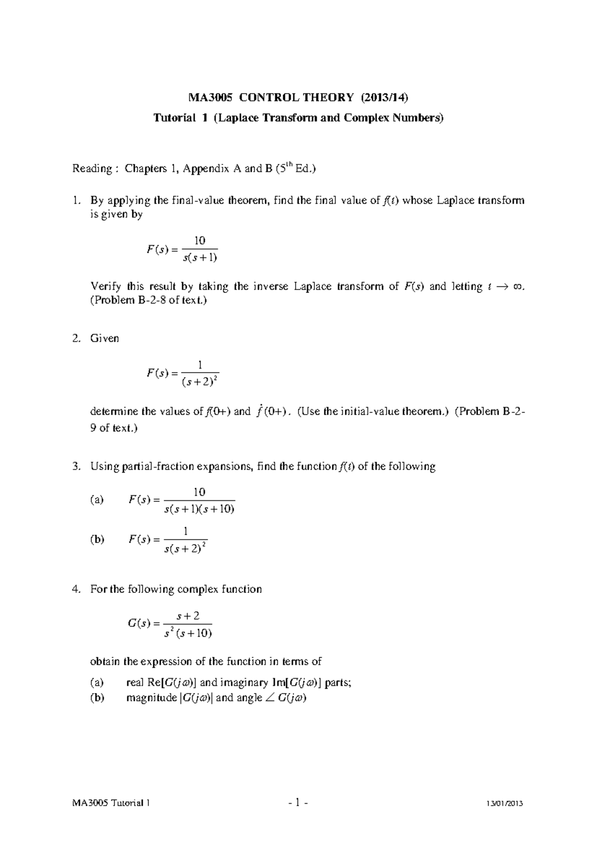 MA3005 Tutorial 1 AY1314 - MA3005 Tutorial 1 - 1 - 13/01/ MA3005 CONTROL THEORY (201 3 /1 4 ...