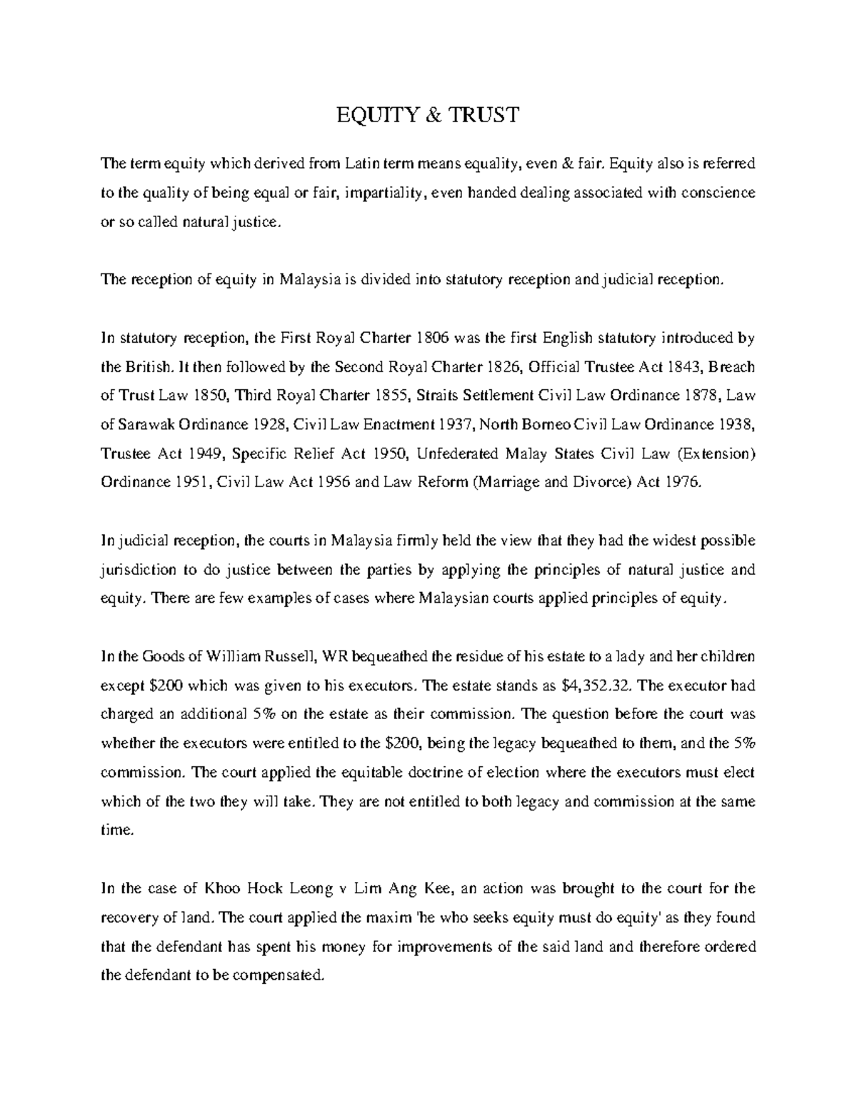 Equity & Trust - Tutorial - EQUITY & TRUST The term equity which ...