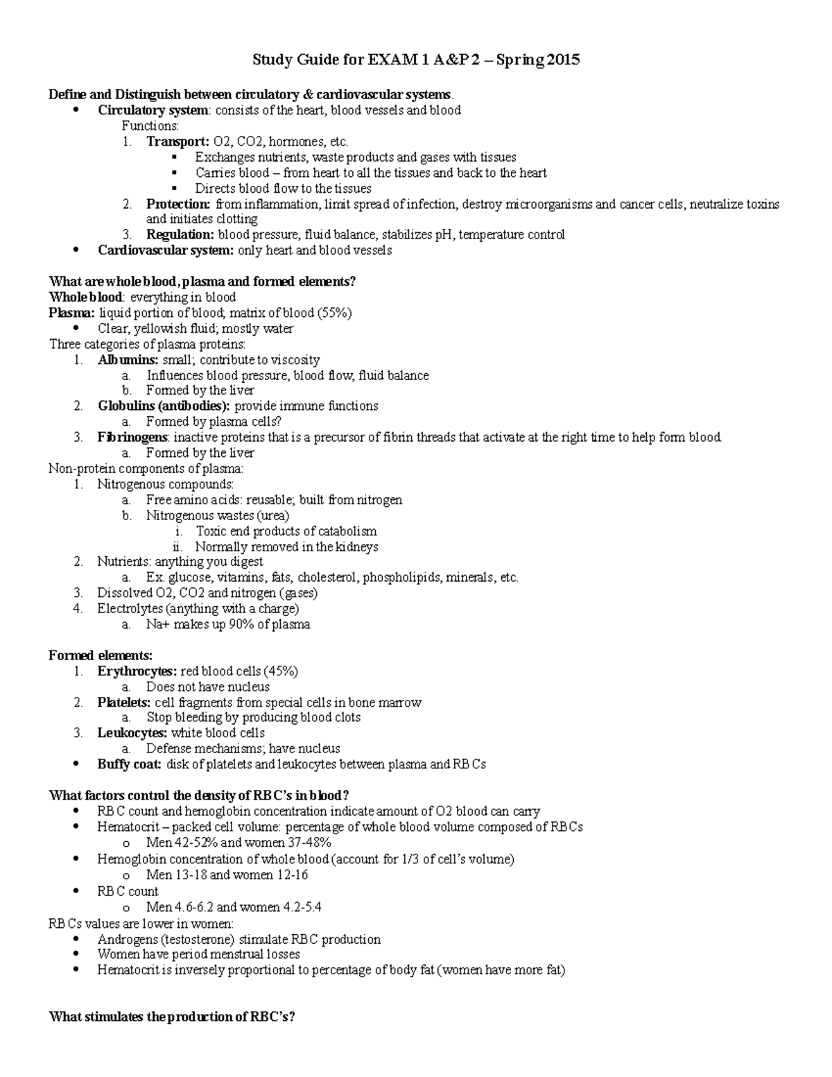 Exam 1 Study Guide (cat) - Study Guide for EXAM 1 A&P 2 – Spring 2015 ...
