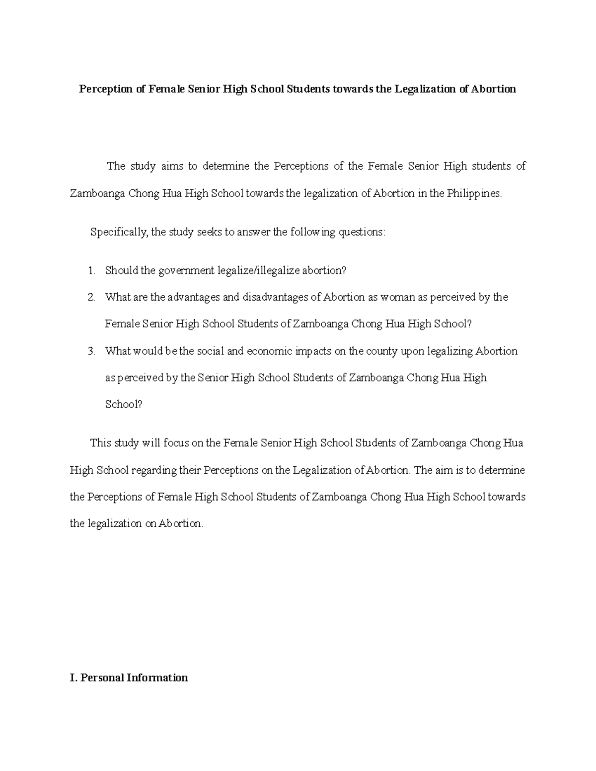 Sample-questionnaire - Perception of Female Senior High School Students ...