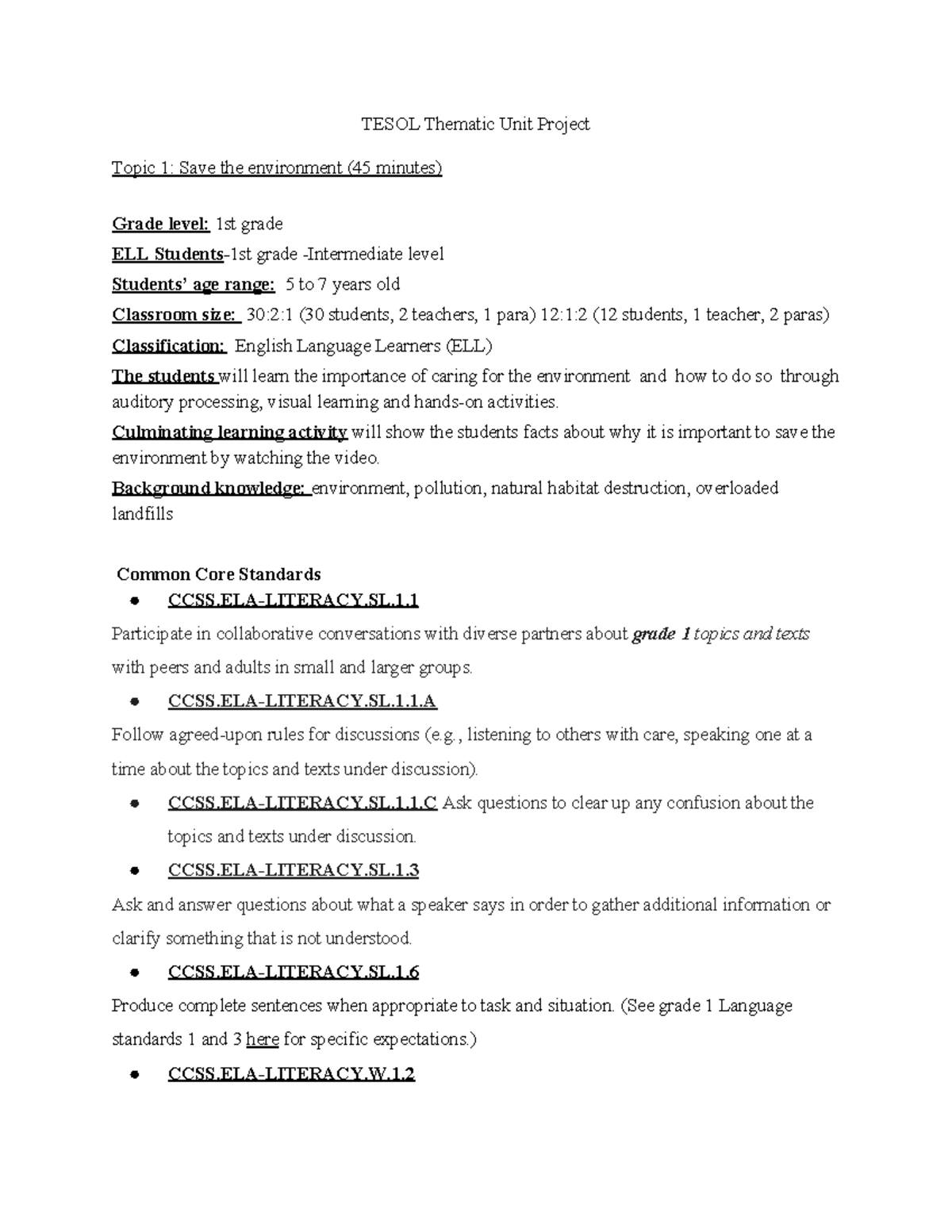 Tesol 1 Thematic Unit Project - TESOL Thematic Unit Project Topic 1 ...