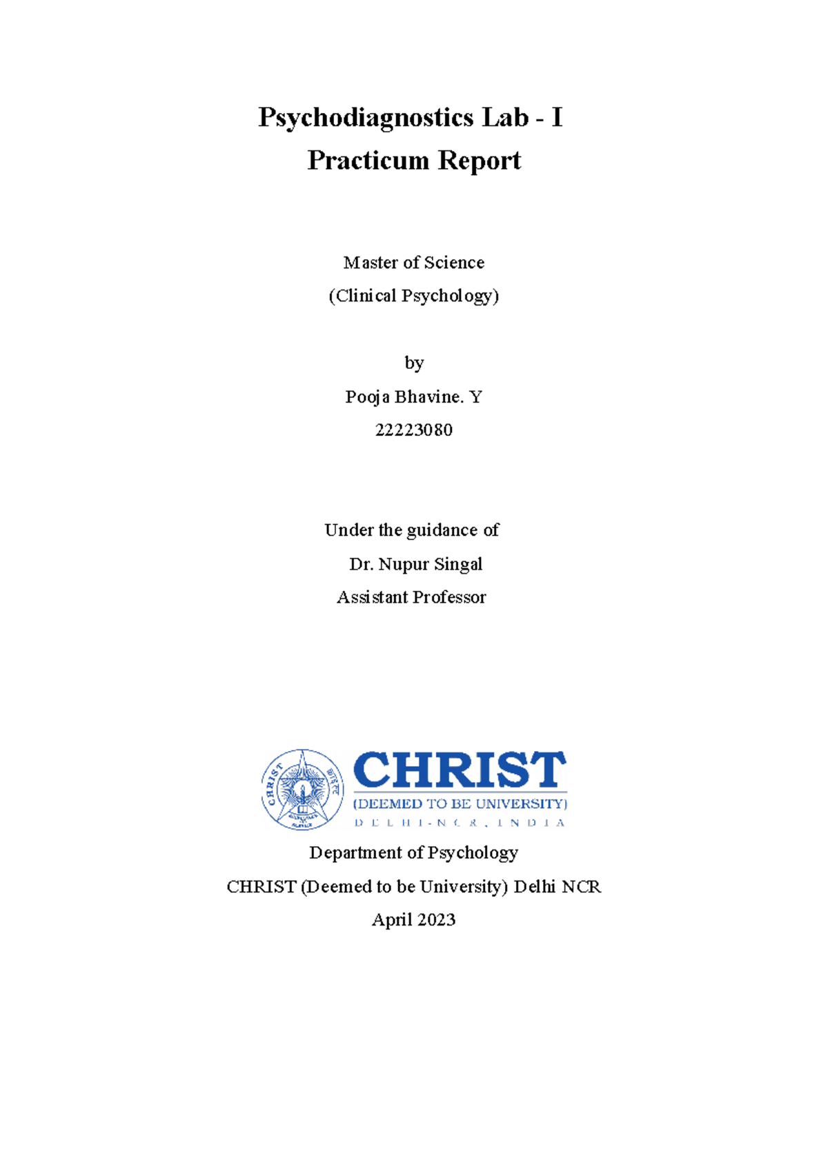 Final Psydiagnostic report - Psychodiagnostics Lab - I Practicum Report ...