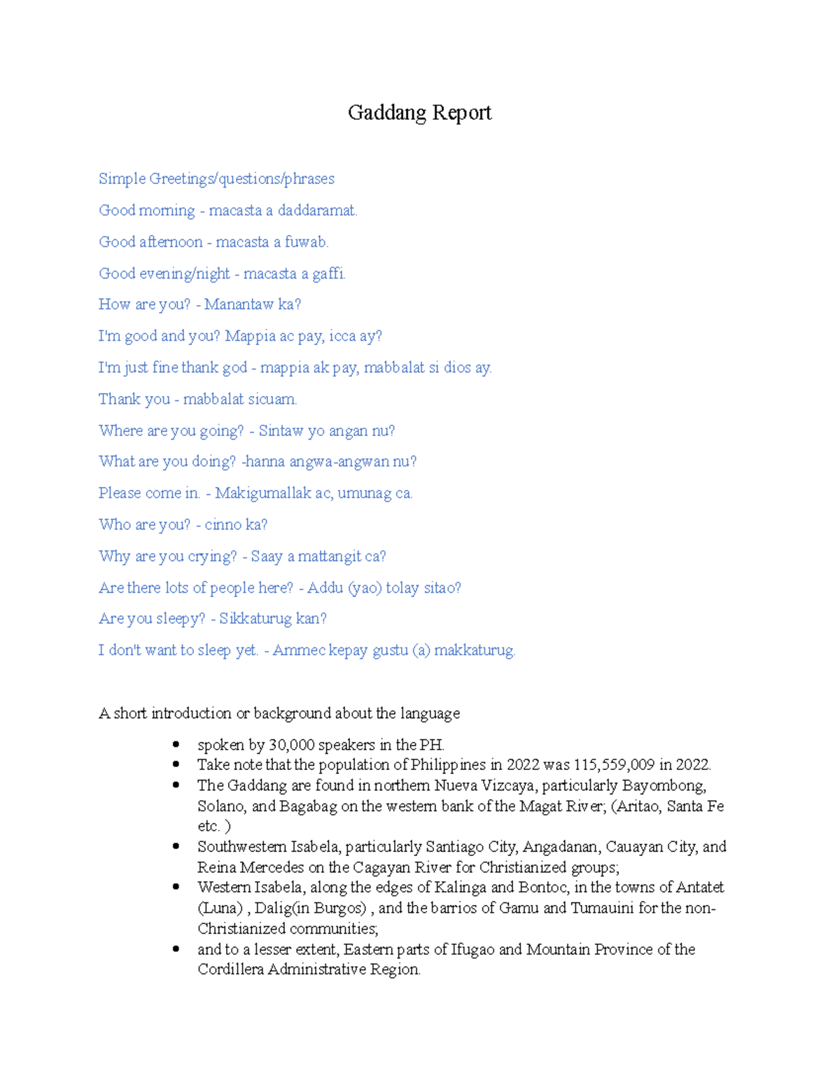 Gaddang Report - Gaddang Report Simple Greetings/questions/phrases Good ...