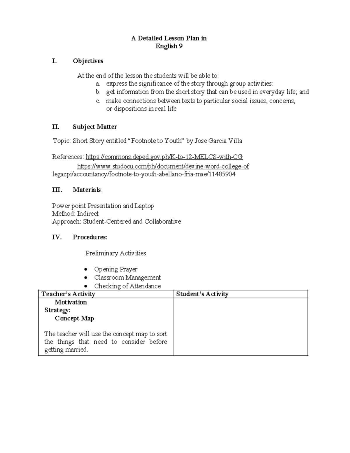 Scribd - A Detailed Lesson Plan in English 9 I. Objectives At the end ...