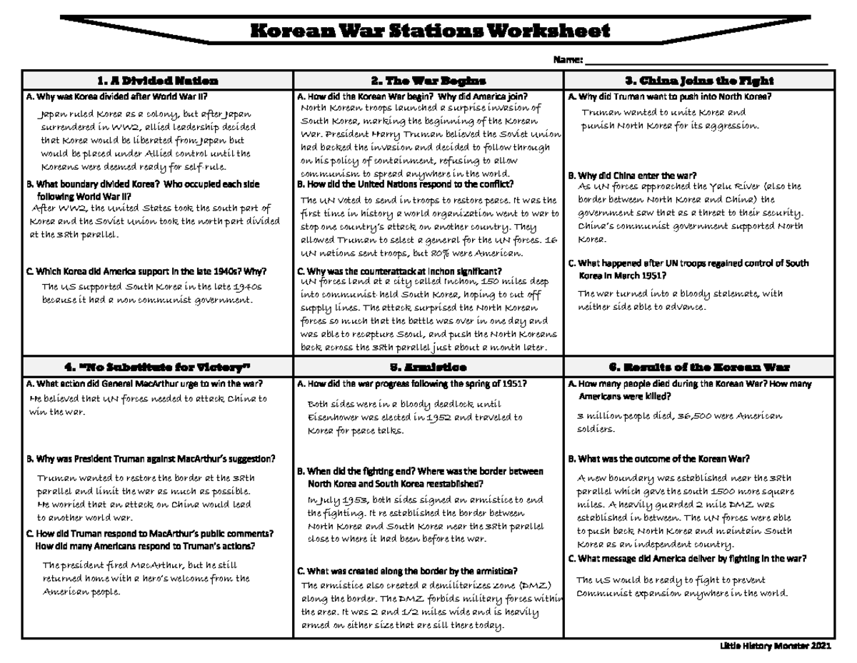 Korean War Stations Worksheet - Japan ruled Korea as a colony, but ...