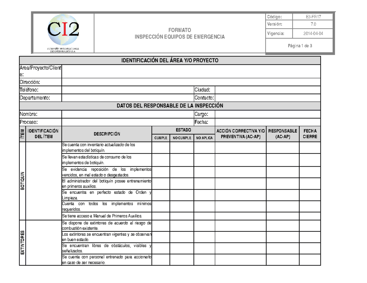 E3-FR17 Formato Inspección Equipos DE Emergencia - IDENTIFICACIÓN DEL ...
