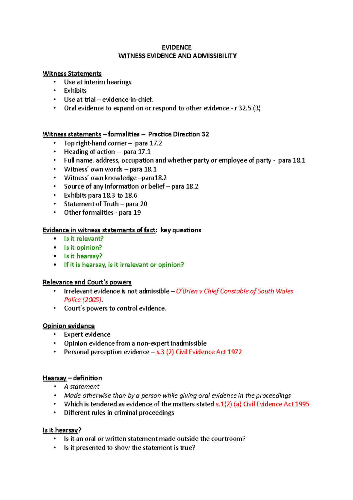 Witness Evidence & Admissibility - EVIDENCE WITNESS EVIDENCE AND ...