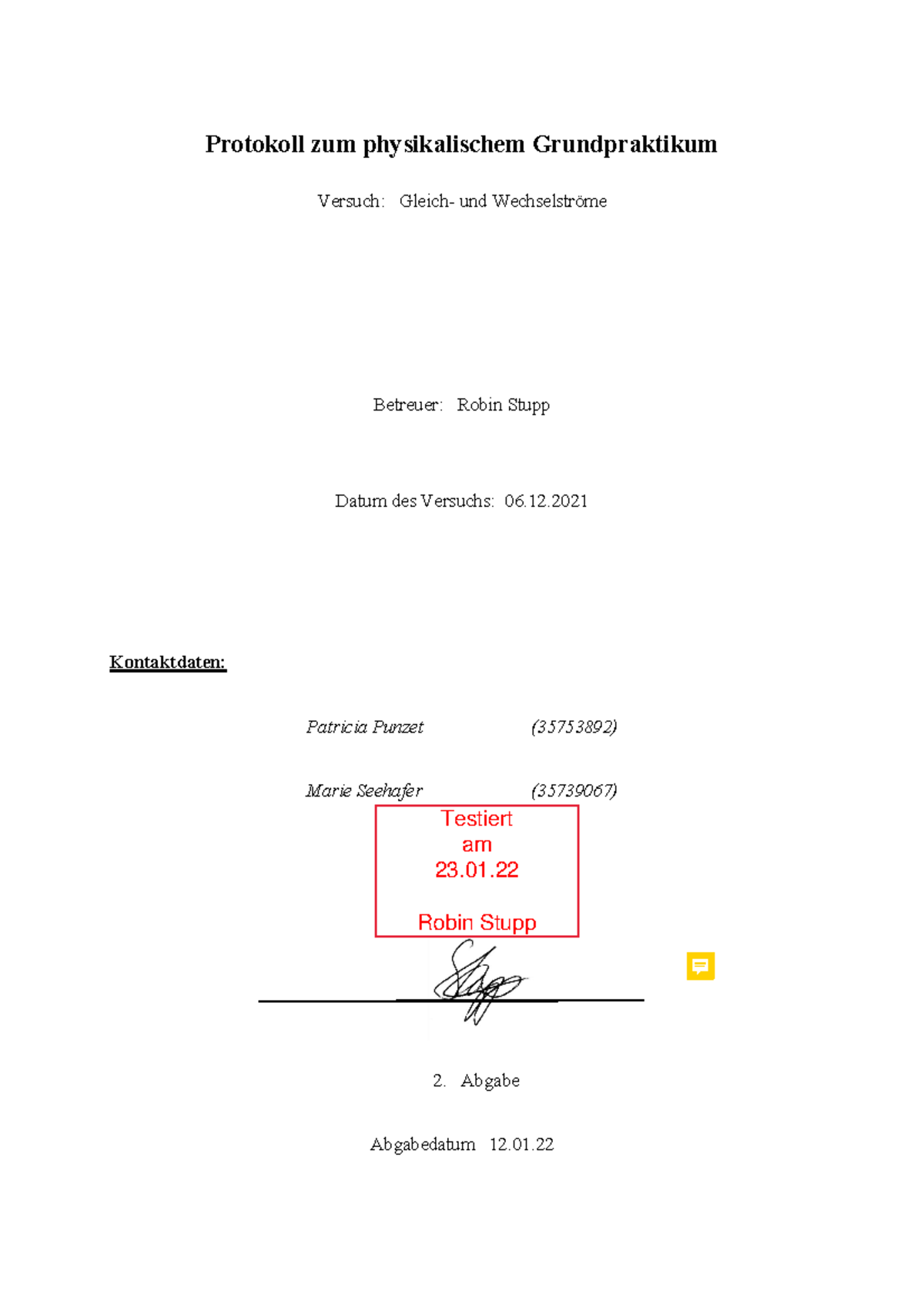 Gleich- und Wechselstrom testat - Protokoll zum physikalischem ...