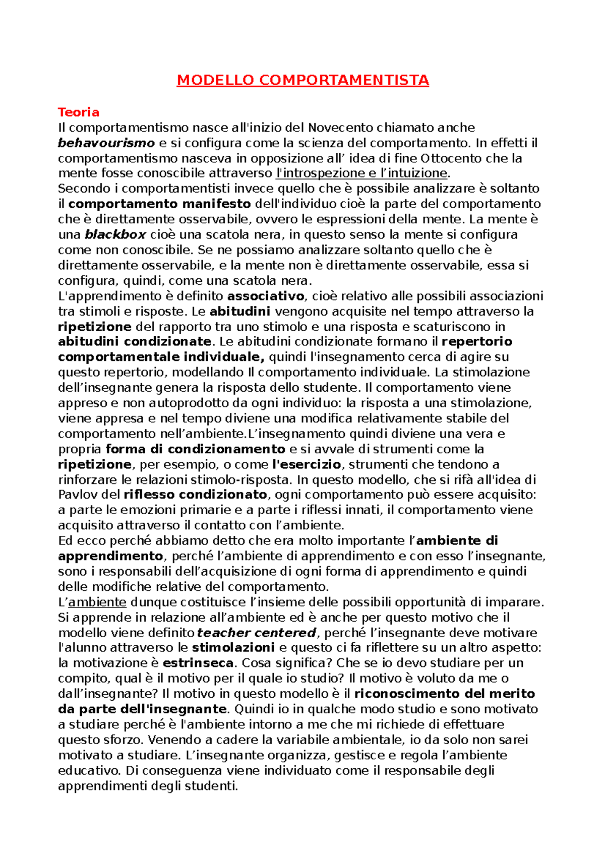 1. Modelli classici dell'insegnamento - Modello Comportamentista ...