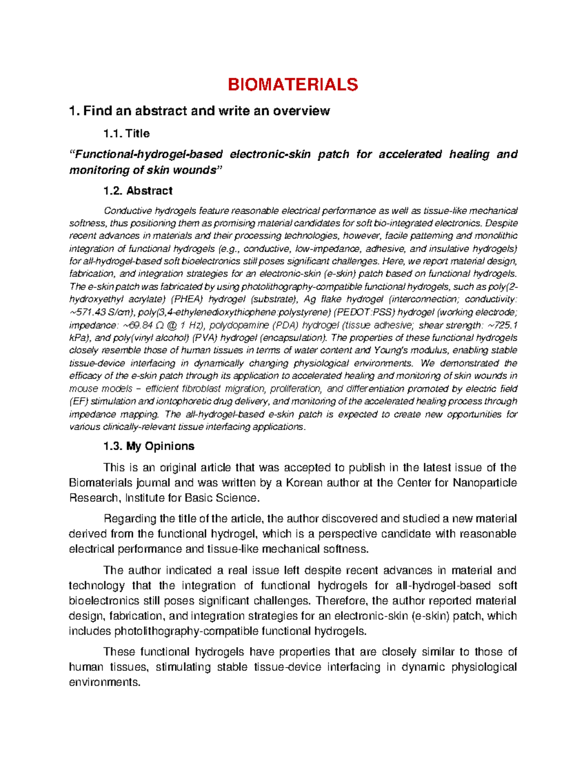 Overview of an abstract - BIOMATERIALS 1. Find an abstract and write an ...