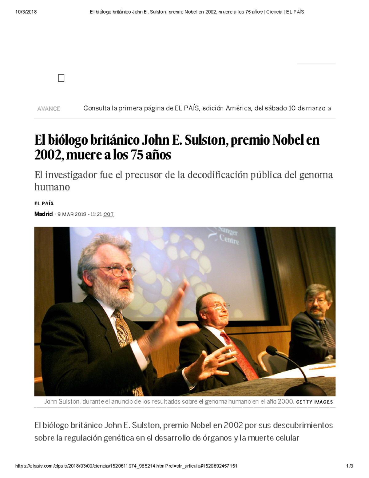El biólogo británico John E. Sulston, premio Nobel en 2002 , muere a ...