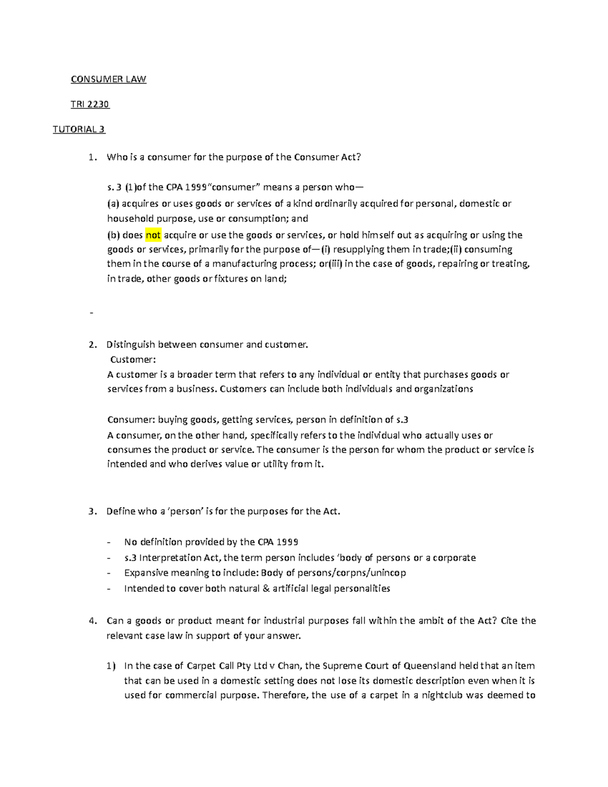 Tutorial 3 - just for reference, answer not yet discuss - CONSUMER LAW ...