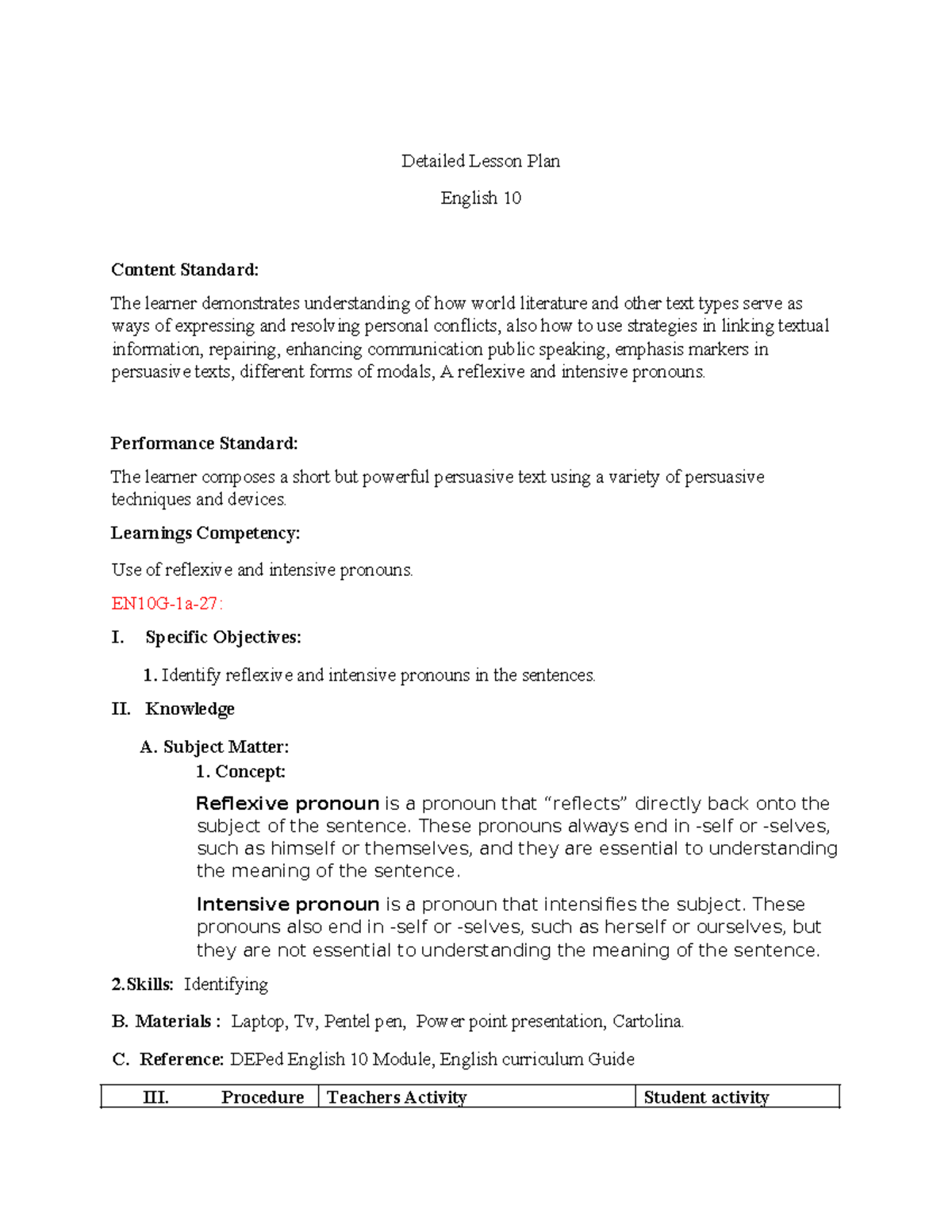 Bitoy LP - Detailed Lesson Plan English 10 Content Standard: The ...