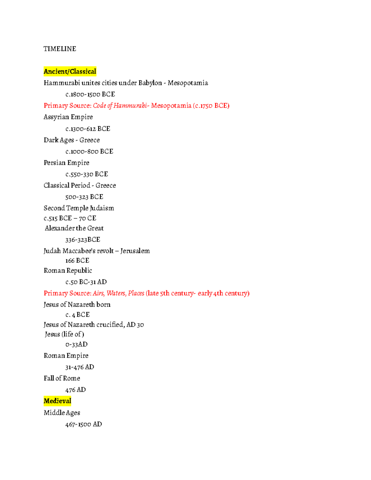 Western Civ. Timeline - TIMELINE Ancient/Classical Hammurabi unites ...